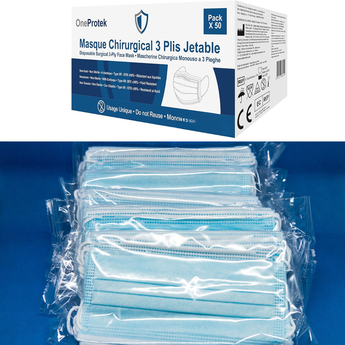 Masque chirurgical type IIR Bleu ( 5 SACHETS DE 10) (BFE>98%) EN14683:2019